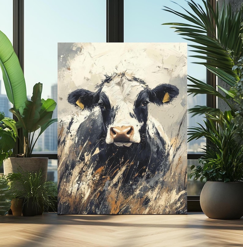 Cow Wall Art Canvas | Rustic Farmhouse Animal Painting | Black White Cow Print for Country ...