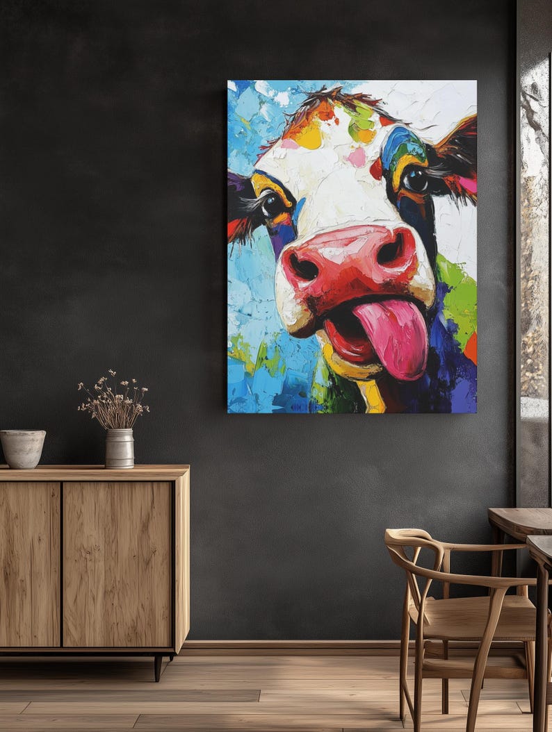 Colorful Cow Canvas Art | Funny Farm Animal Painting, Vibrant Poster ...