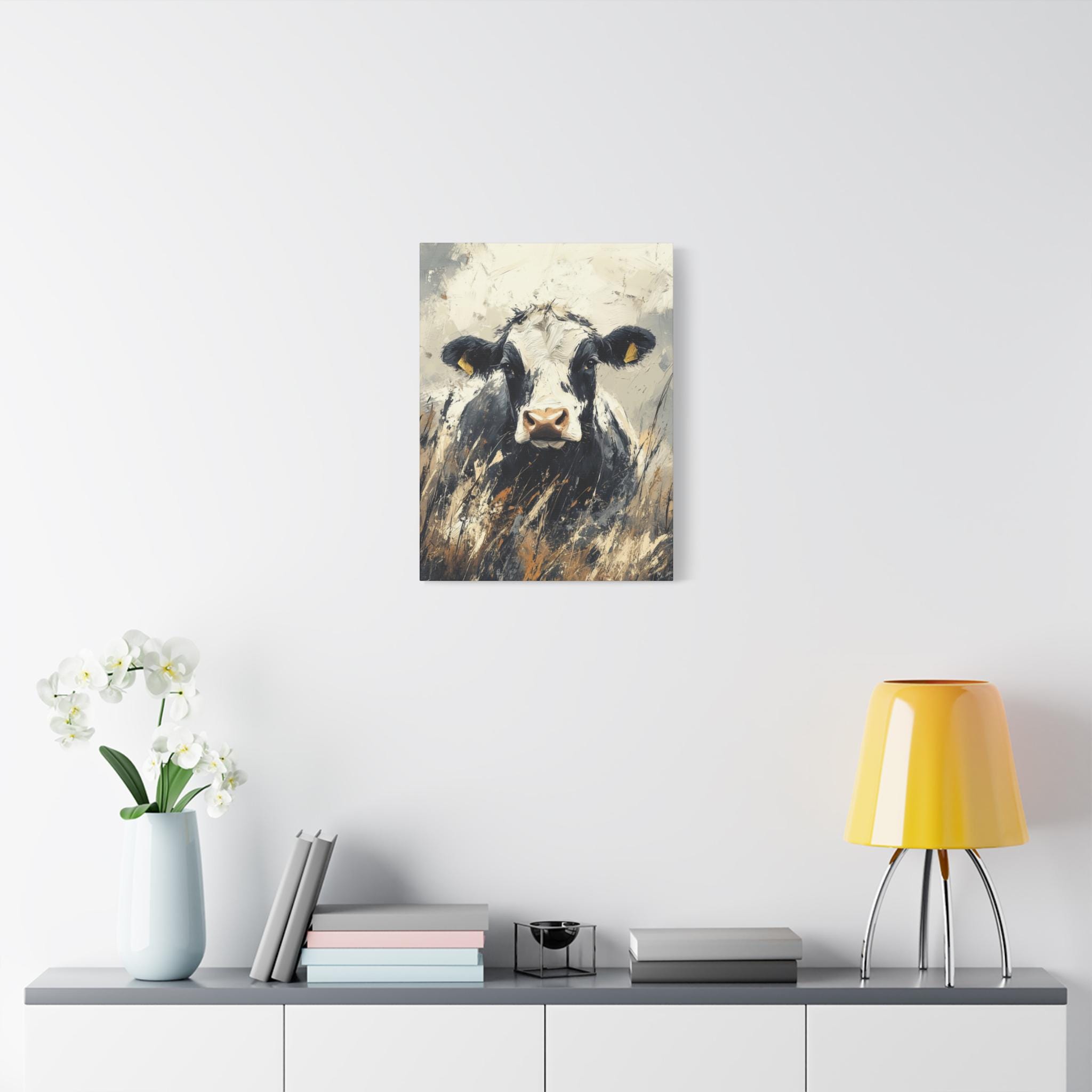 Cow Wall Art Canvas | Rustic Farmhouse Animal Painting | Black White ...