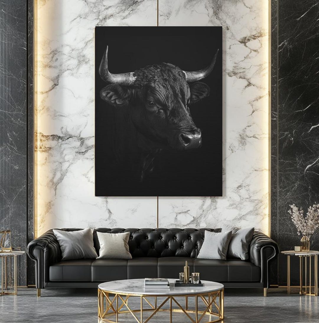 Bull Canvas Wall Art | Black & White Bull Head Print | Powerful Animal ...