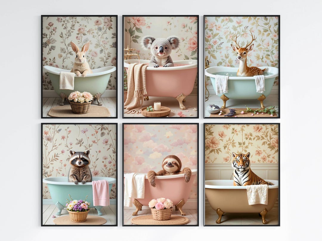 Vintage Animal Bathroom Wall Art Set | Quirky & Retro Bath Prints ...