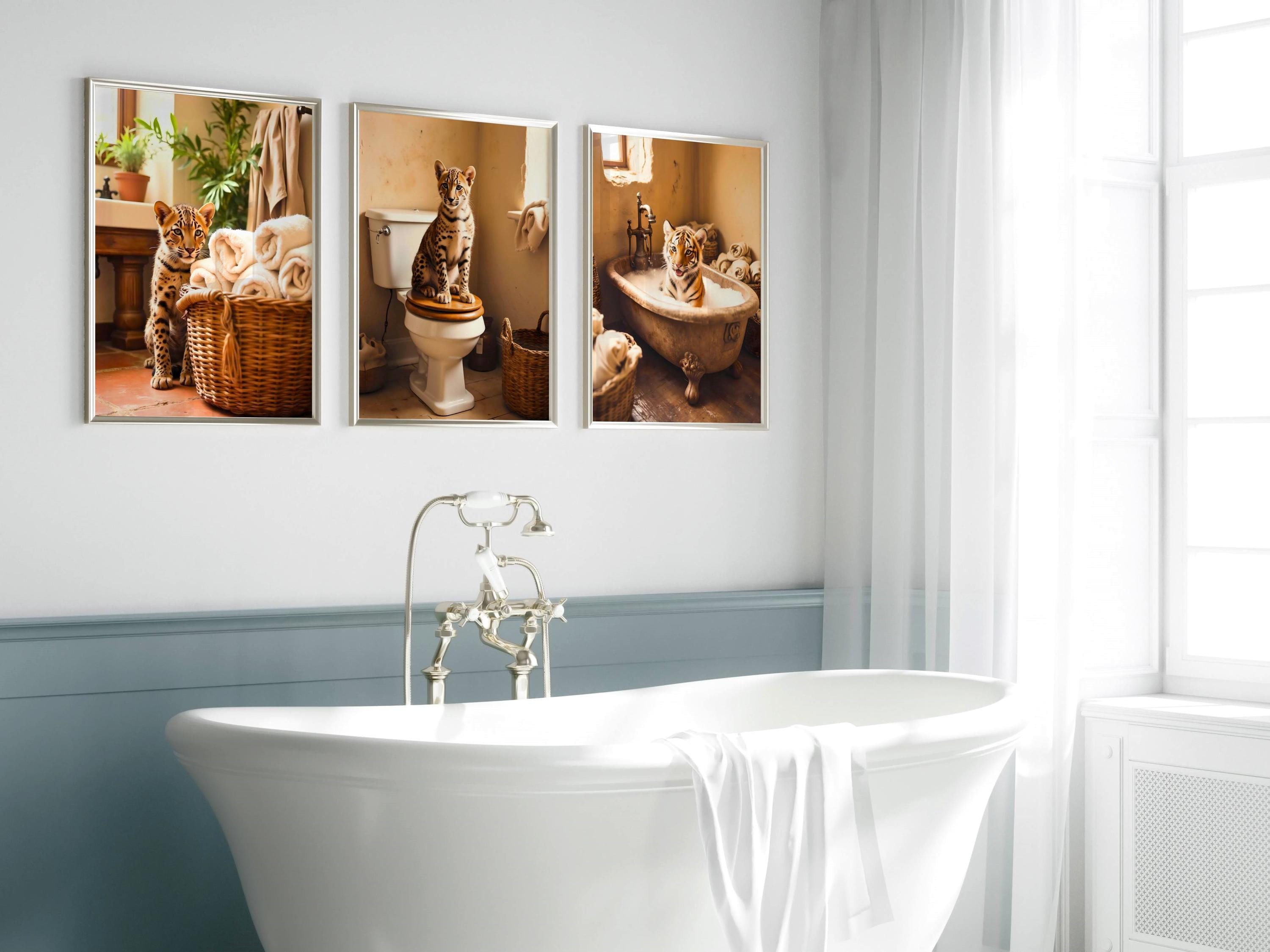 Rustic Bathroom Animal Prints Set | Funny Lion, Tiger, Leopard Wall Art ...