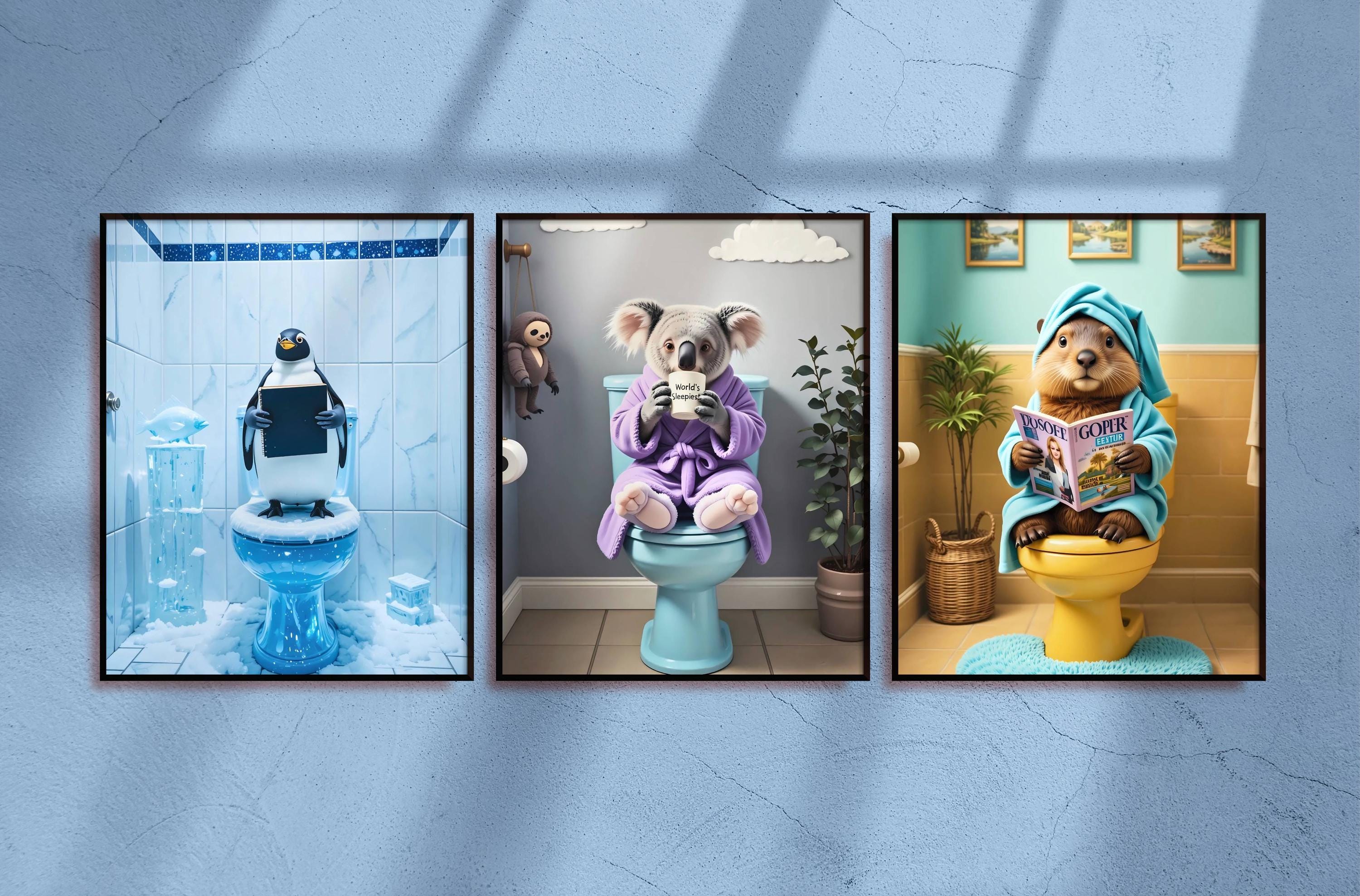 Funny Animals Bathroom Wall Art Set of 6 | Cute Animals on Toilet Decor ...
