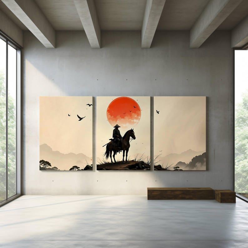 Samurai on Horse Wabi Sabi Wall Art | Traditional Japandi Art Landscape ...