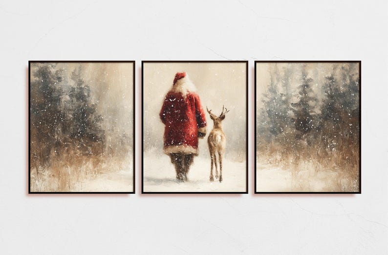 Vintage Santa Claus and Reindeer Wall Art Set of 3 Print - Snowy Winter ...