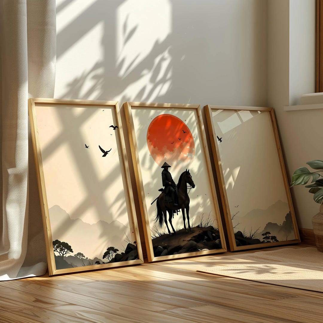 Samurai on Horse Wabi Sabi Wall Art | Traditional Japandi Art Landscape ...