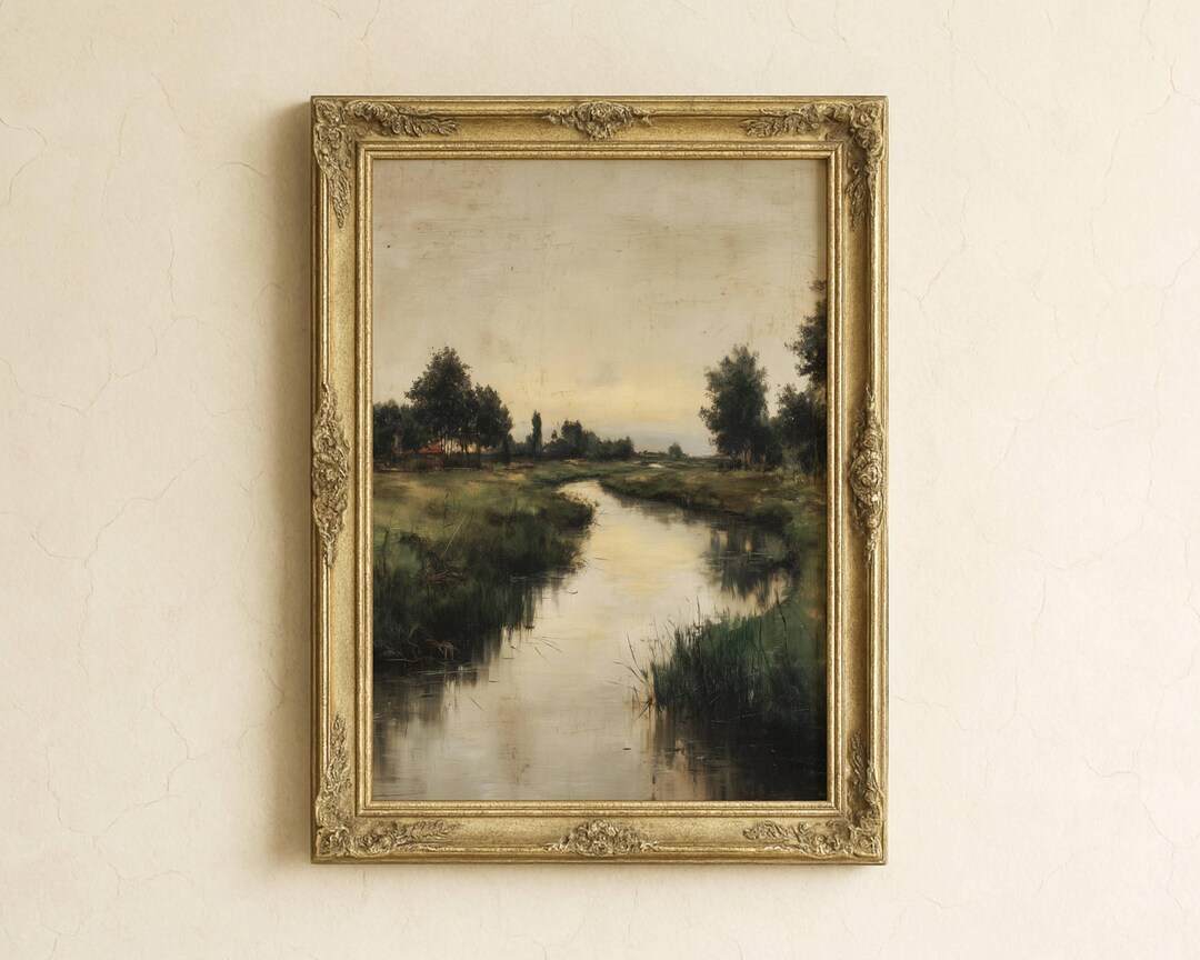 Vintage Quiet Meadow River Wall Art, European Countryside Oil Painting ...