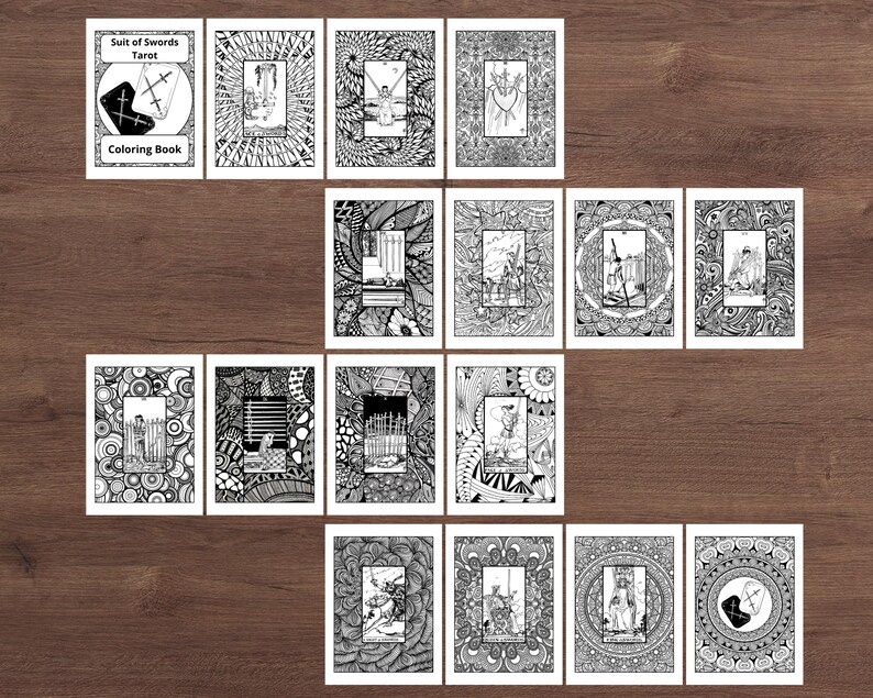 Tarot Coloring Pages - Suit of Swords Tarot, Anti-stress (digital ...