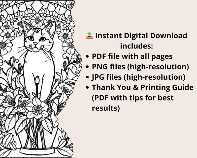 The Lily Garden Cat Coloring Page, Botanical Flower Feline Printable ...