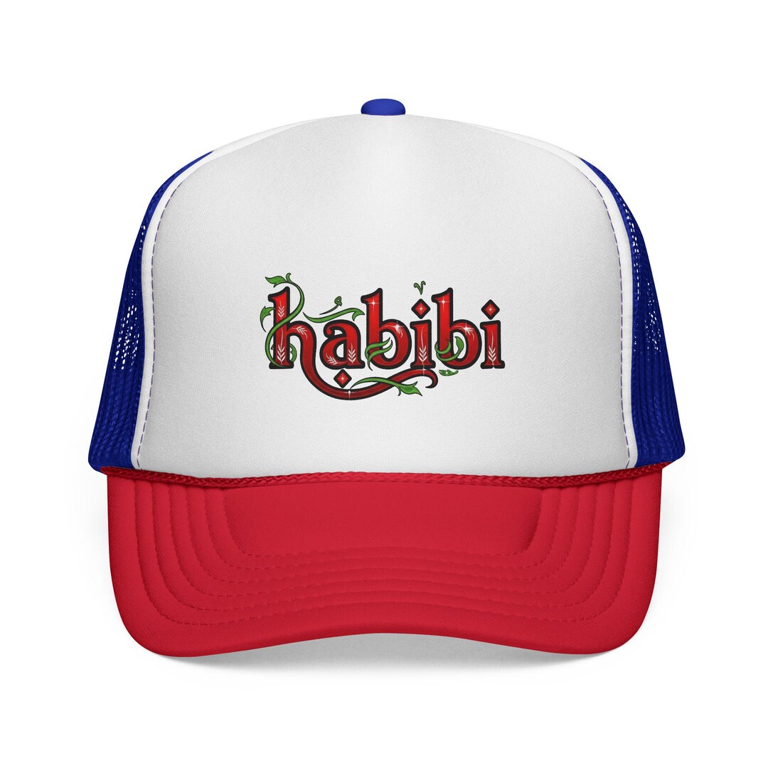 Habibi Arabic Calligraphy Trucker Cap | Embroidered Script Red Mesh Hat ...