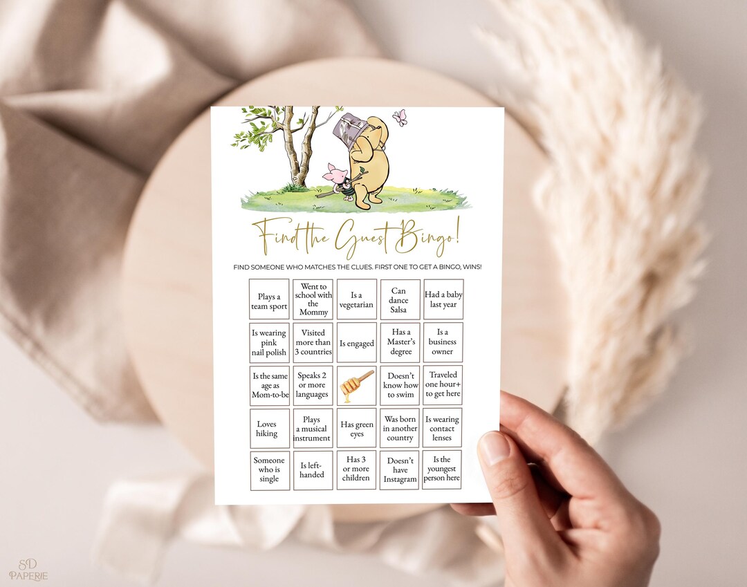 Classic Winnie the Pooh Find the Guest Bingo Game, Editable Baby Shower ...