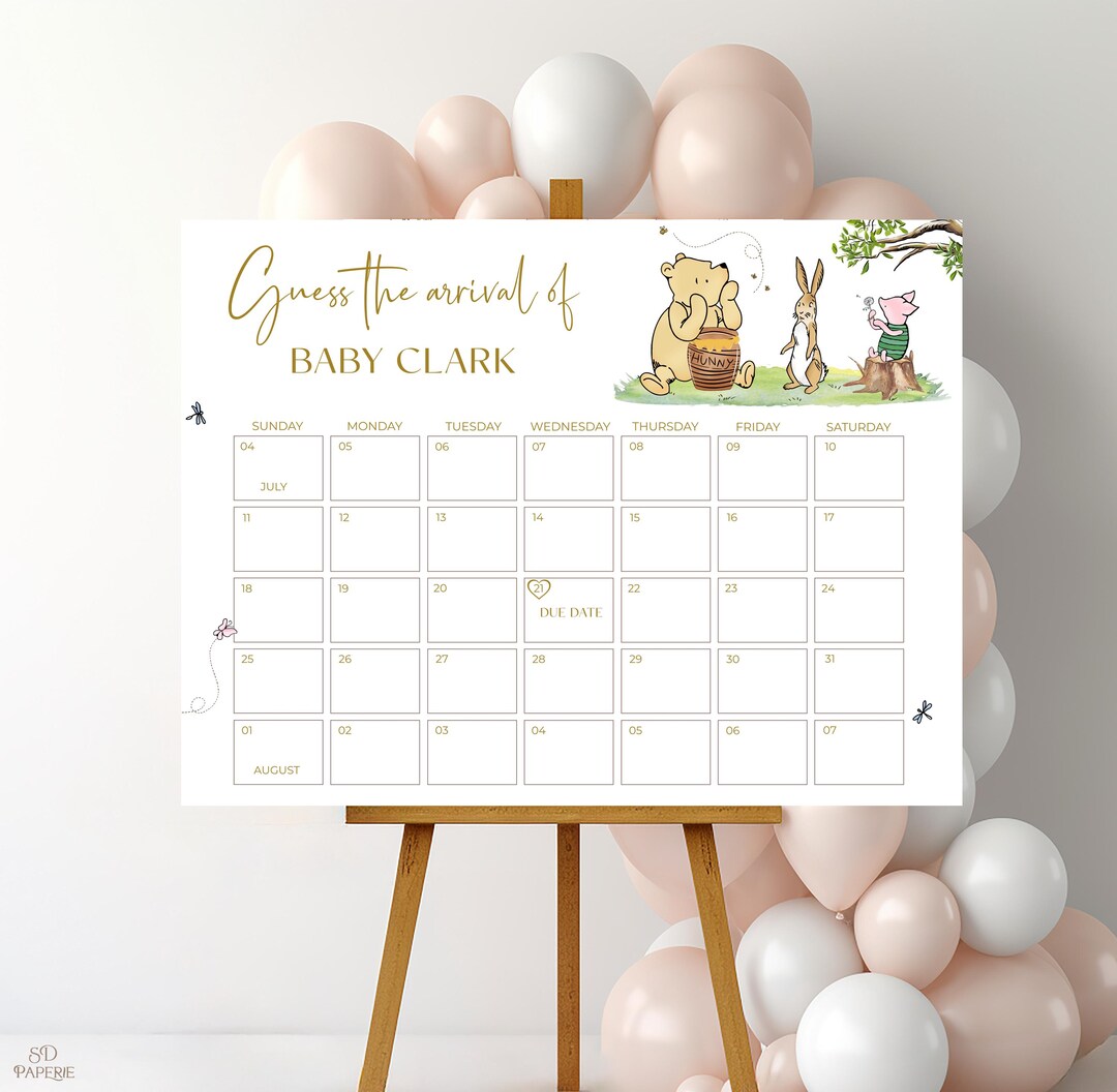 Winnie the Pooh Baby Due Date Calendar Template, Editable Baby Shower ...