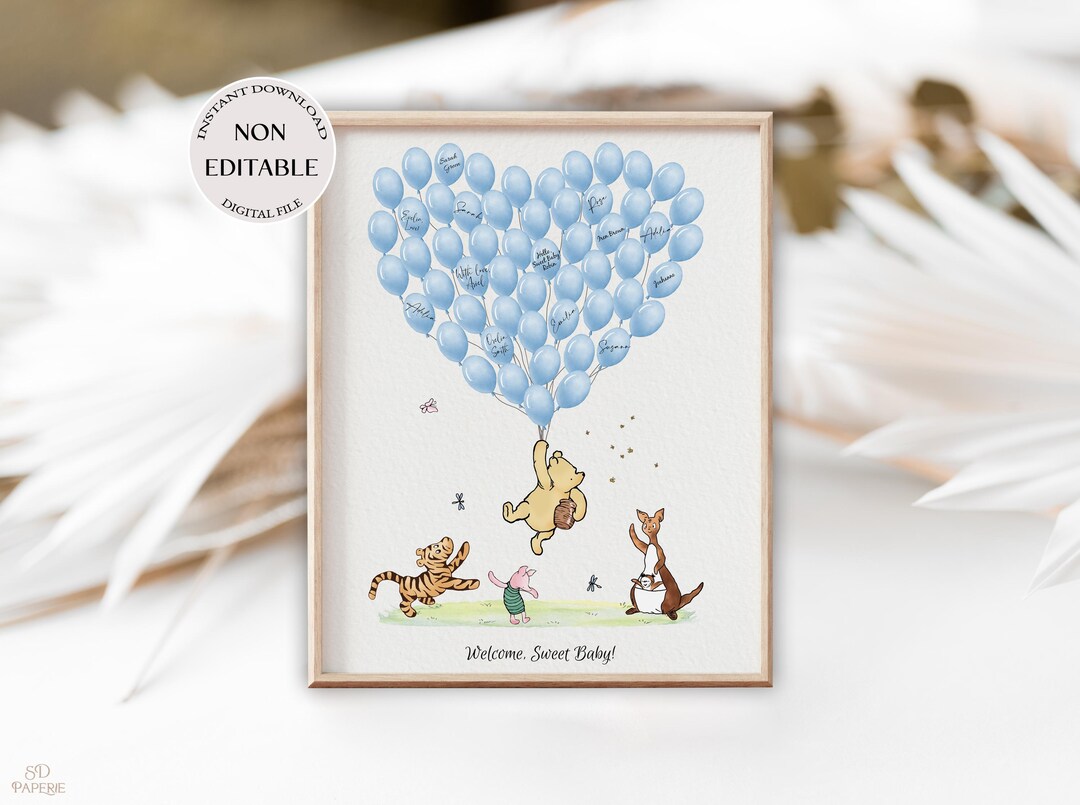 Winnie the Pooh Baby Shower Signature Guest Book, 55 Blue Balloons ...