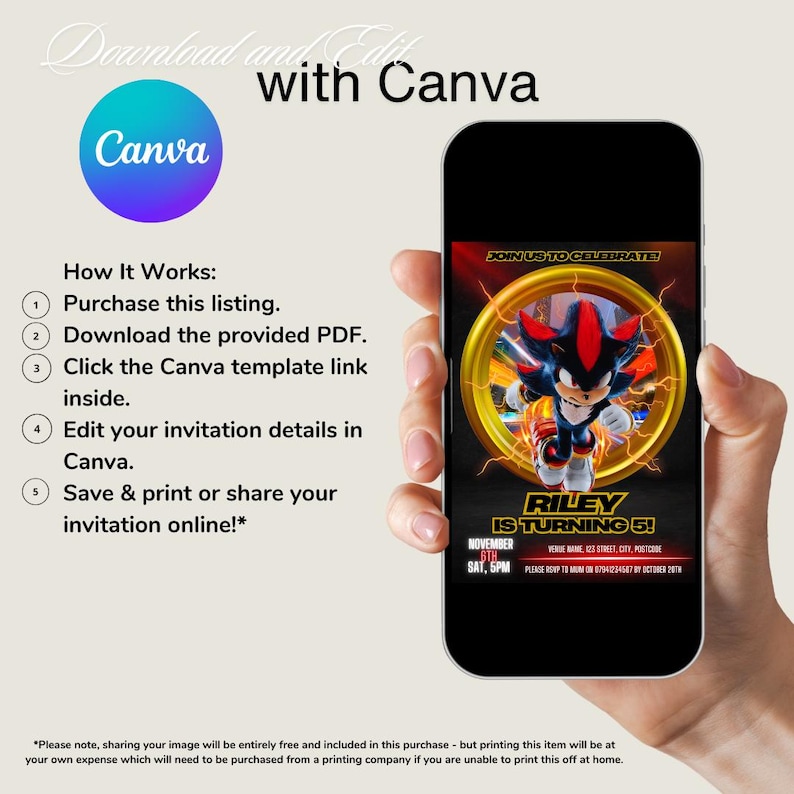 Shadow Sonic the Hedgehog 3 Birthday Party Invitation | Editable ...