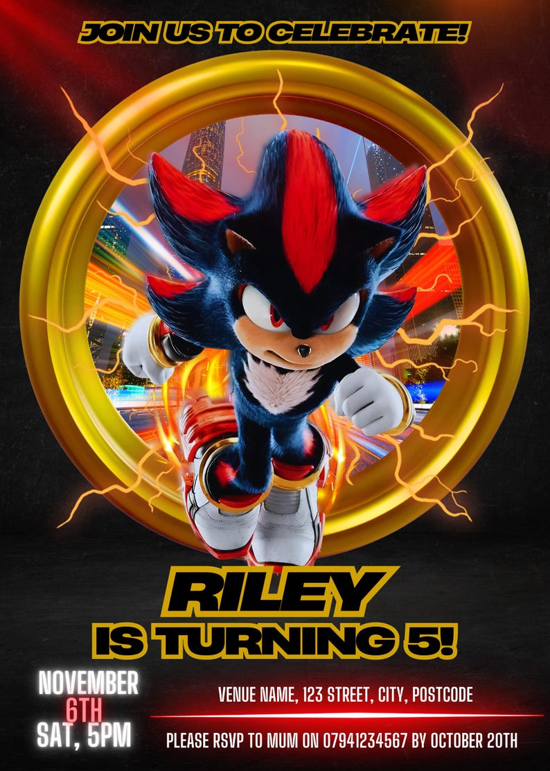 Shadow Sonic the Hedgehog 3 Birthday Party Invitation | Editable ...