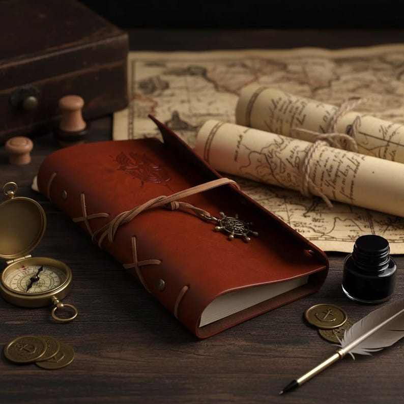 Vintage Pirate Themed Leather Journal Travel Diary Metal Clasp Spiral ...