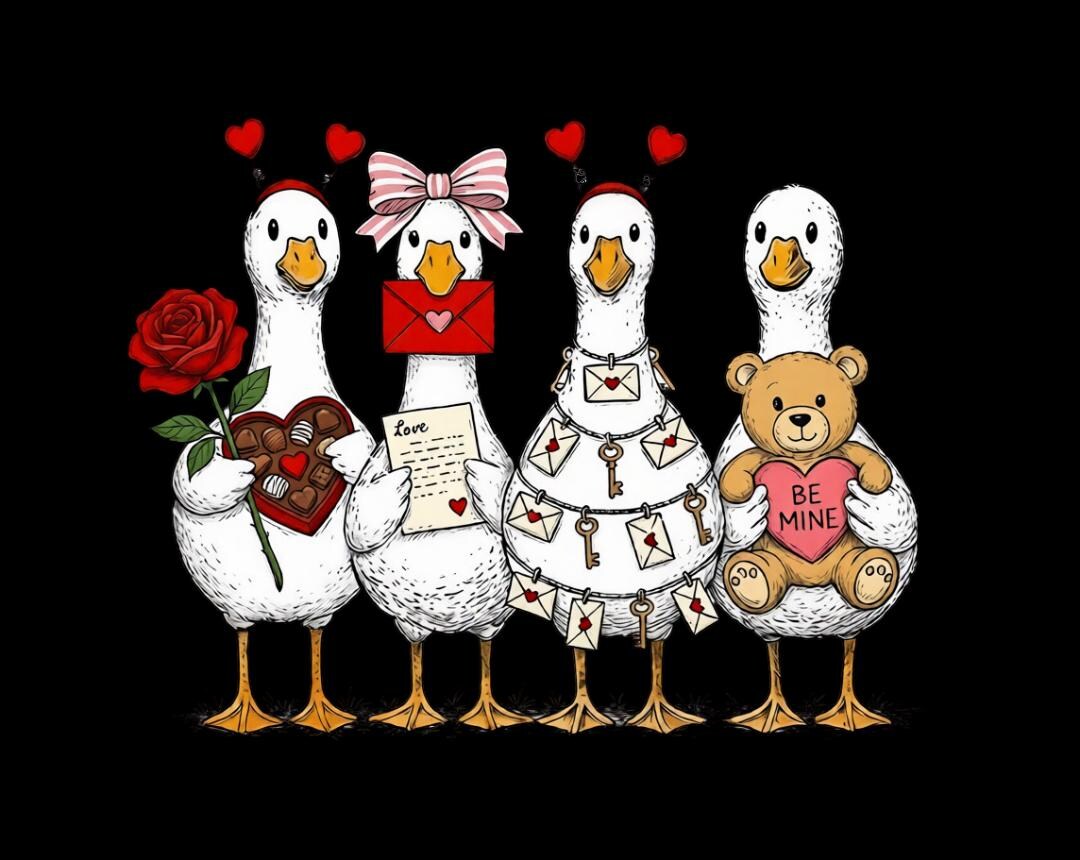 Valentine Ducks Cute Love Illustration Goose Couple With Hearts Roses ...