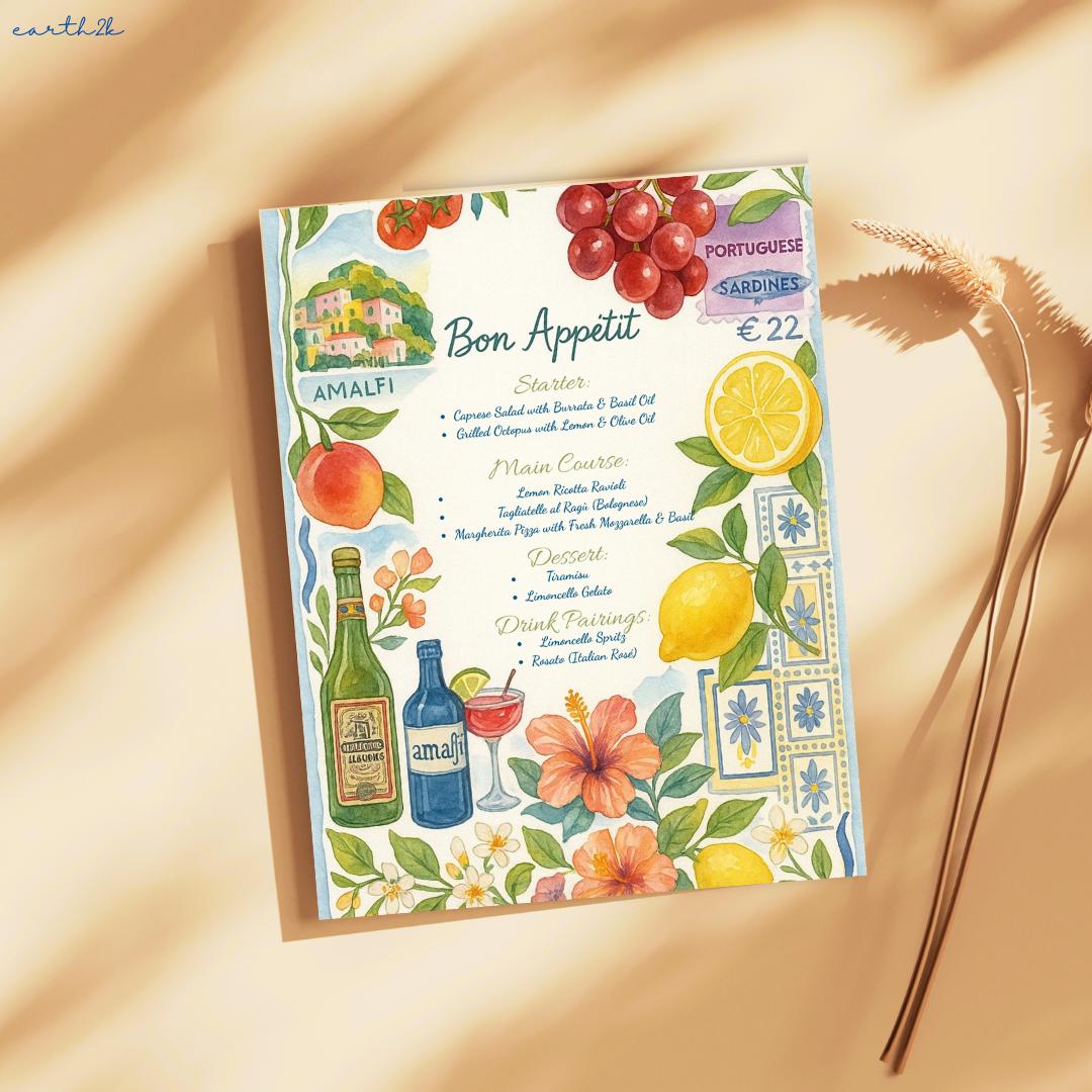 Editable Amalfi Coast Menu Template – Italian Lemon Watercolor Design ...