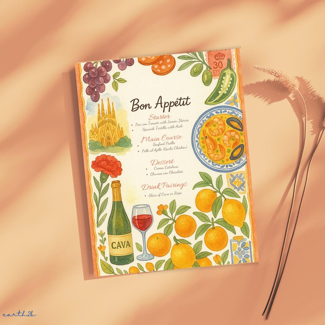 Editable Spanish Menu Template – Watercolor Barcelona, Paella, Cava ...