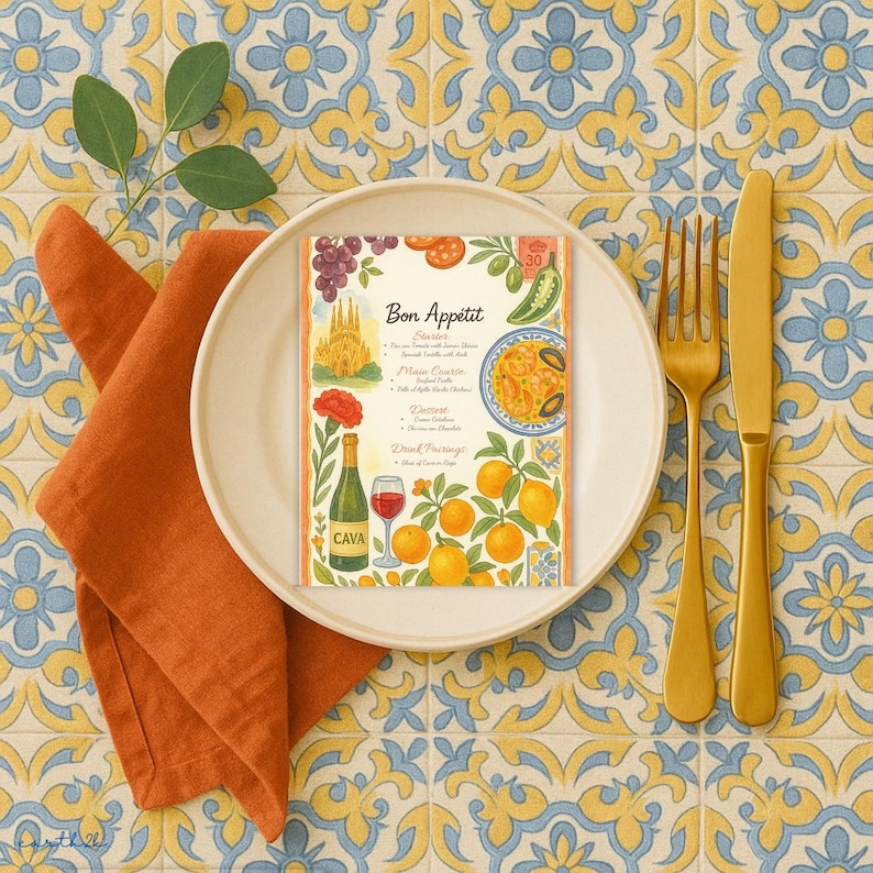 Editable Spanish Menu Template – Watercolor Barcelona, Paella, Cava ...