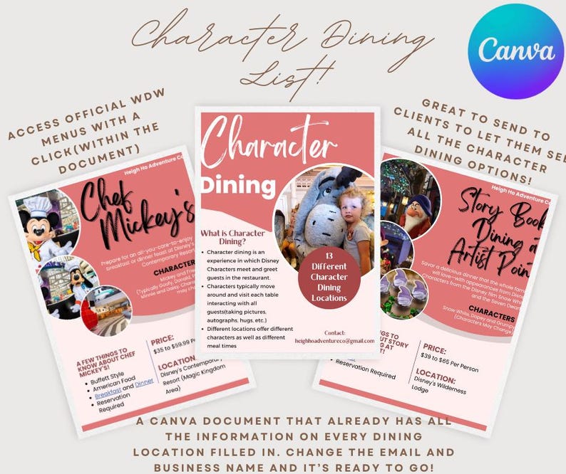 Disney World Character Dining Guide, Fully Editable Template in CANVA ...