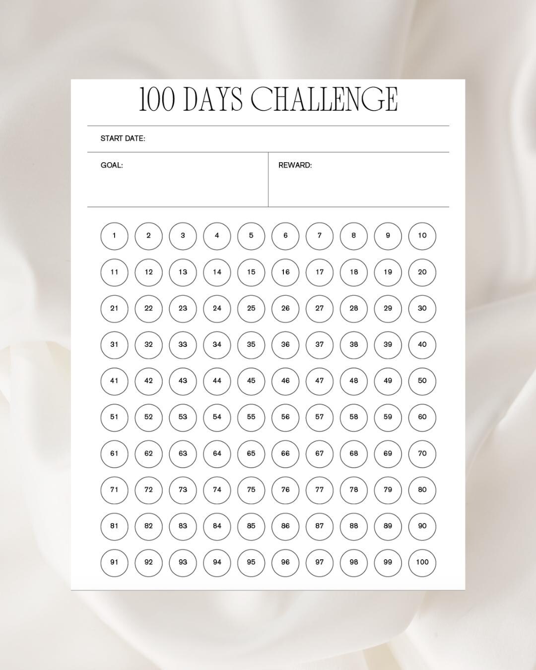 100 Days Challenge Tracker, Printable Tracker, Goal Tracker, 100 Day ...