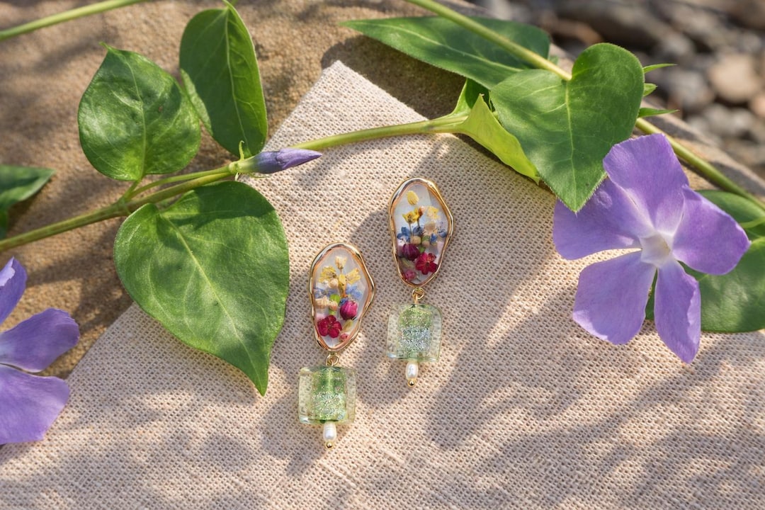Wildlight Garden – Botanical Resin Drop Earrings With Mother of Pearl ...