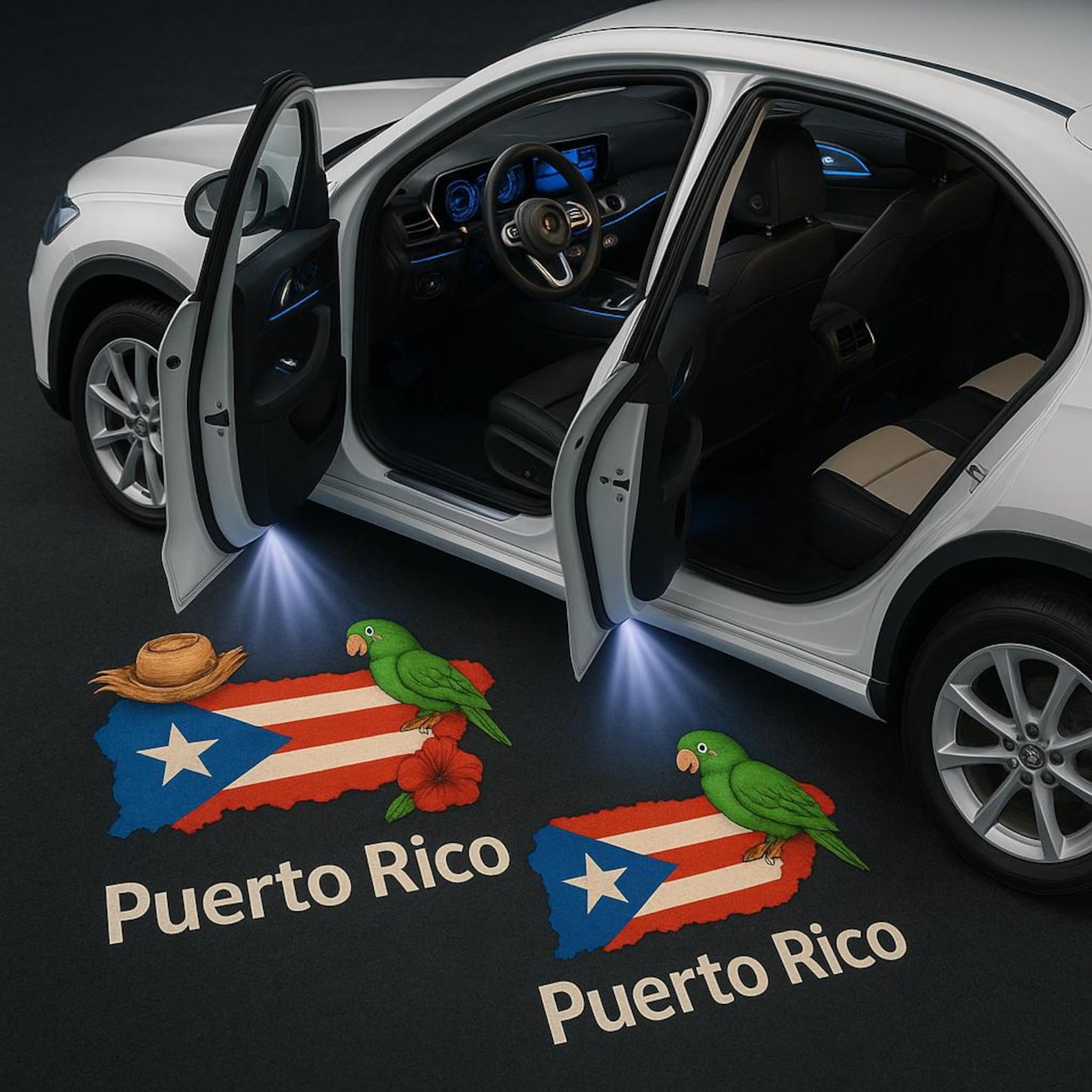 Puerto Rican Car Accessory – LED Door Lights Puerto Rico Map & Parrot ...