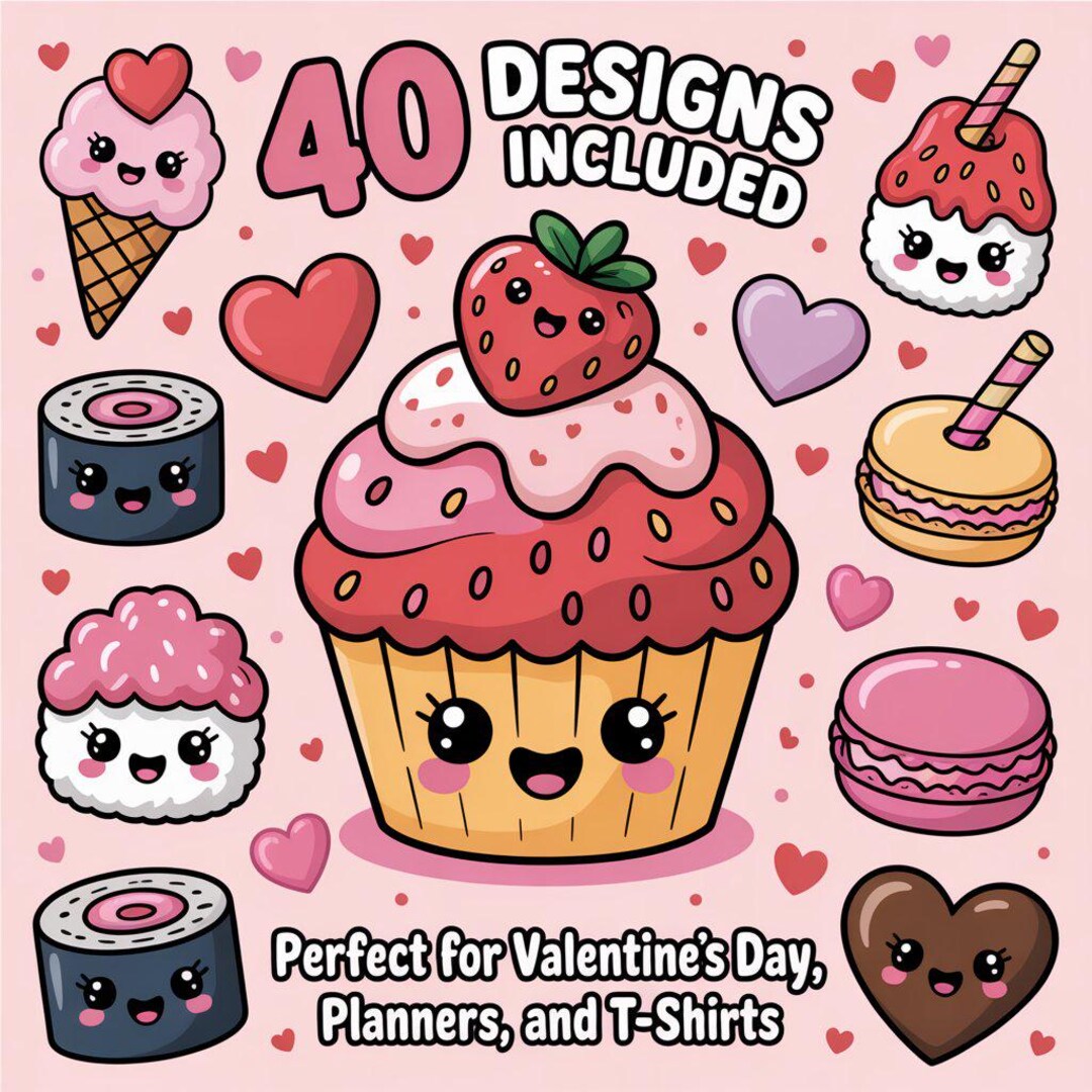 Cute Kawaii Food Clipart Bundle | 40 SVG, PNG, JPEG Files | Valentines ...