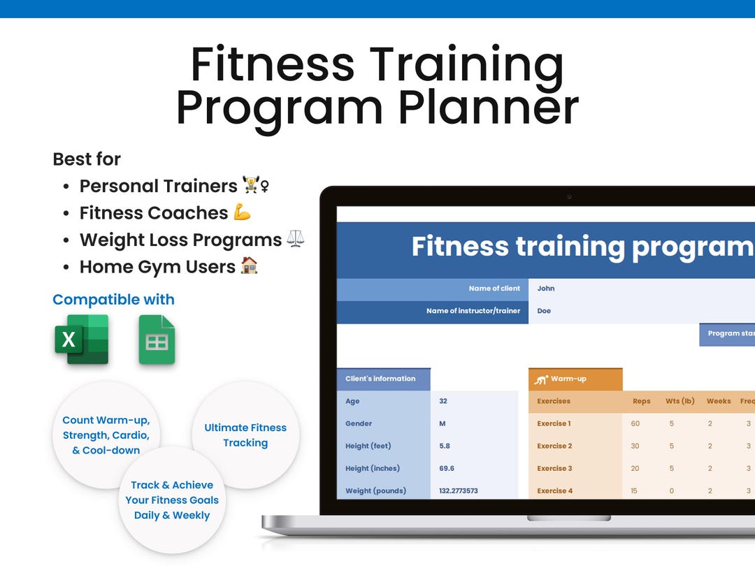 Fitness Training Program Planner | Google Sheets & Excel Workout ...