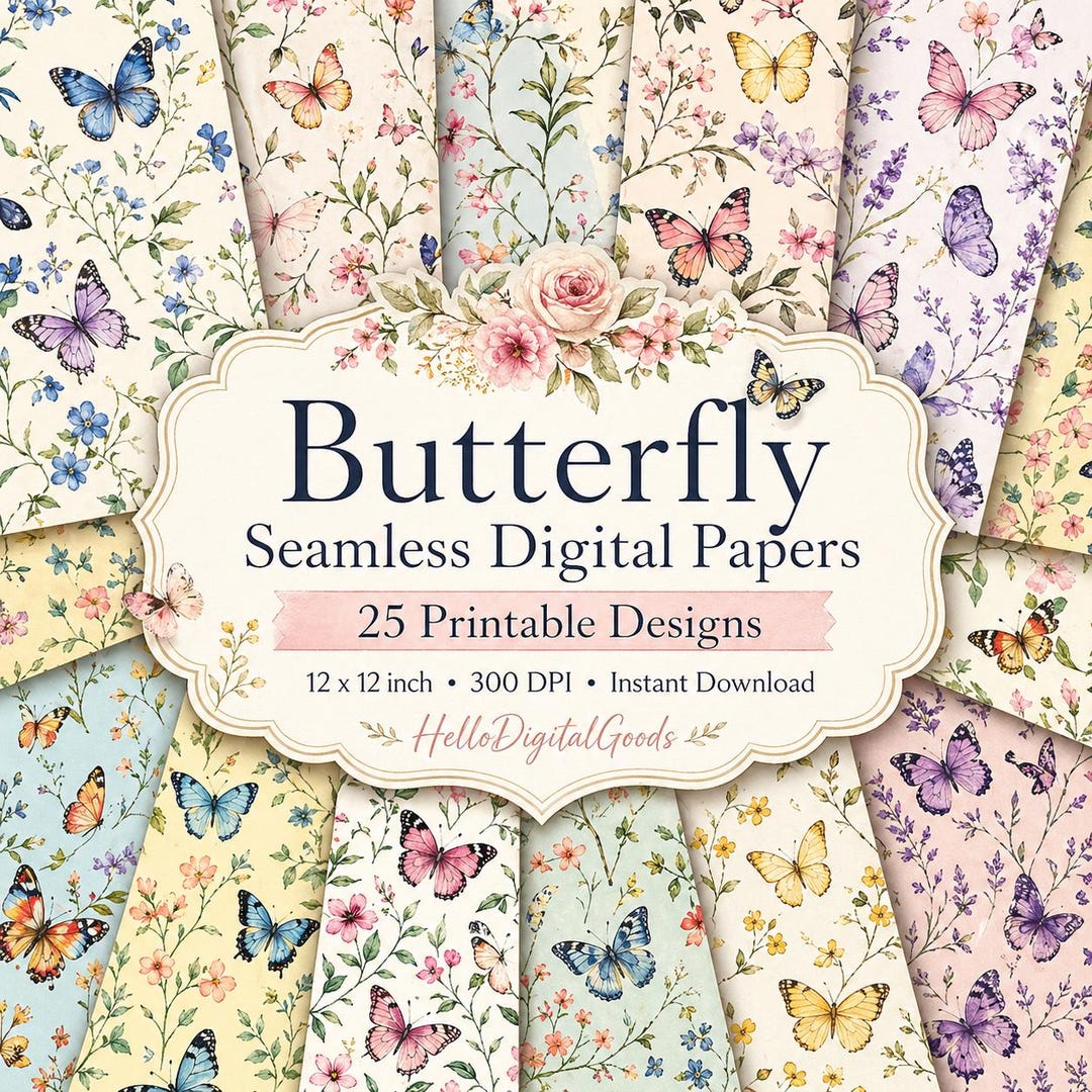 Butterfly Seamless Digital Paper, Shabby Chic Floral Printable Patterns ...