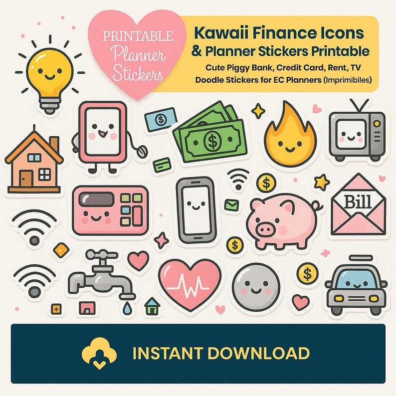 Kawaii Finance Planner Stickers: Piggy Bank, Rent, TV (printable) - Etsy
