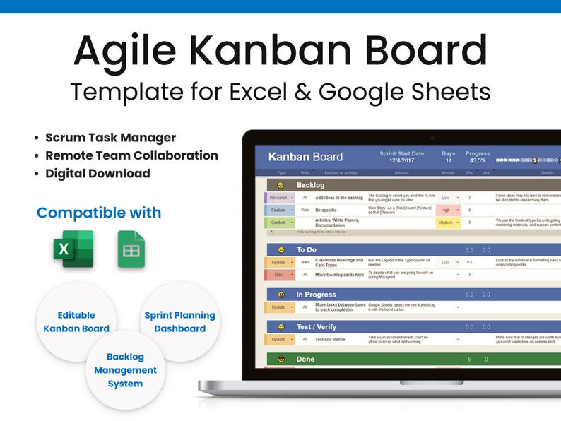 Agile Kanban Board Template for Excel and Google Sheets | Scrum Task ...