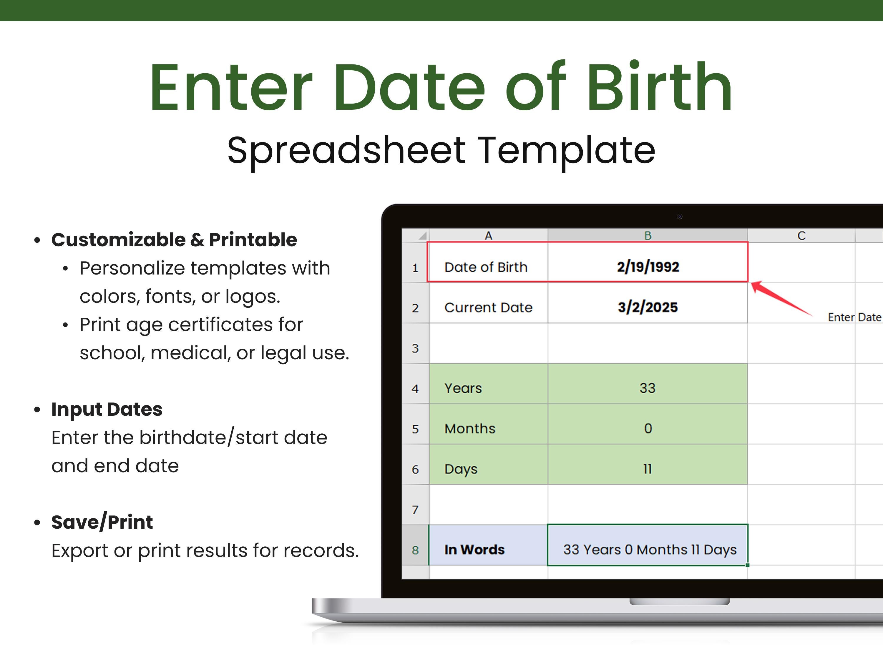 Plantilla de Excel para calcular la edad: Registro de fecha de ...