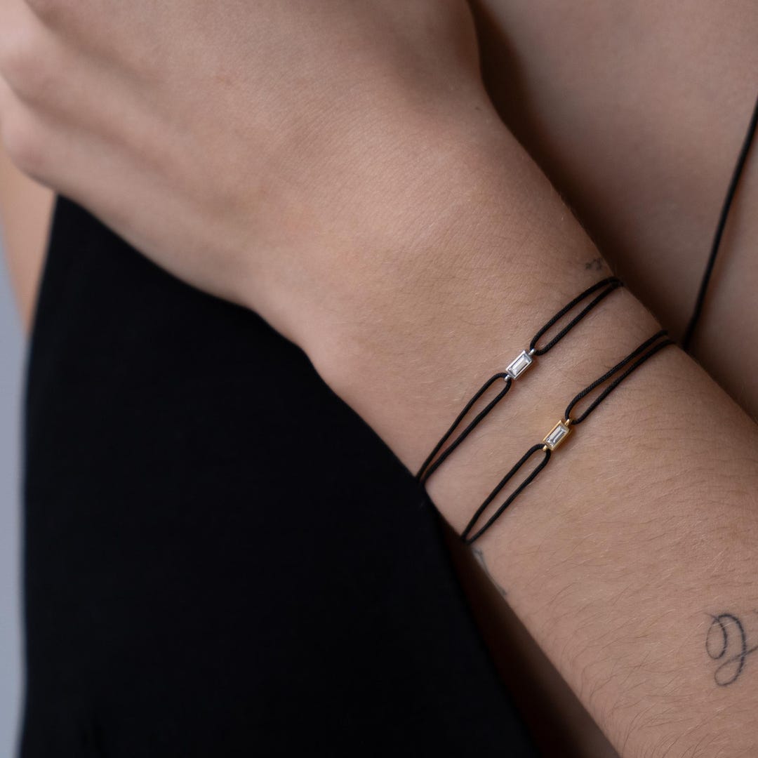 Diamond Cord Bracelet, 14k Solid Gold Cord Bracelet, Diamond Baguette ...