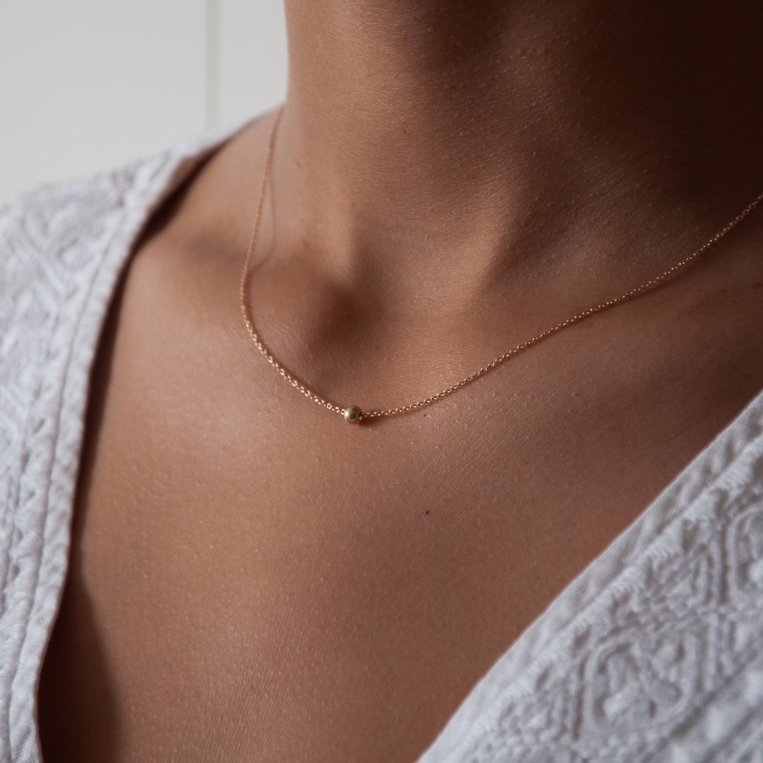 14K Gold Tiny Bead Necklace, Minimalist Necklace, Layering Necklace ...