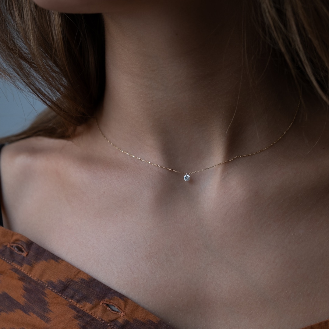 Dainty Diamond Necklace - Floating Diamond Necklace - 18k Solid Gold ...