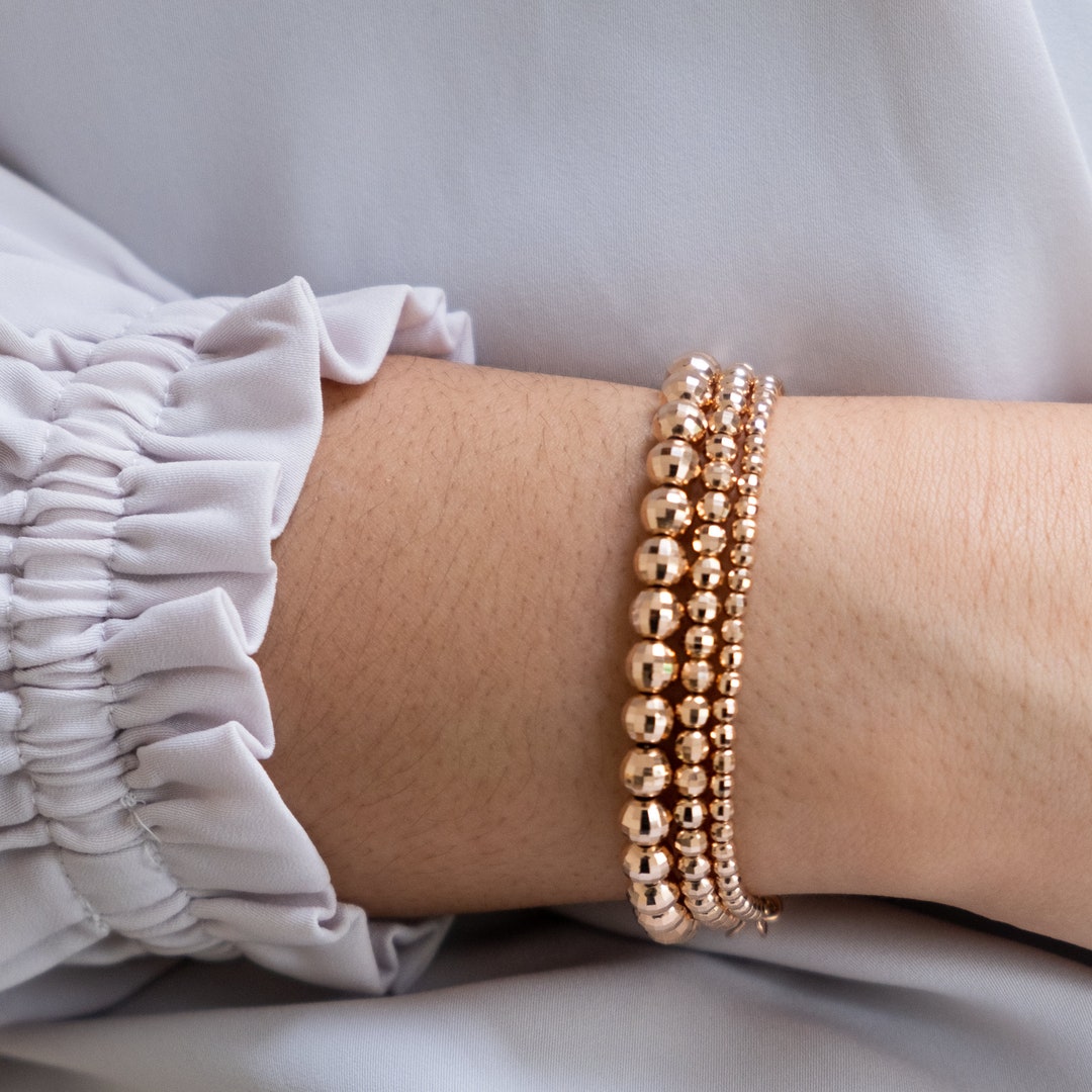 14k Solid Gold Beaded Bracelet, Gold Bead Bracelet Woman, Gold Ball ...