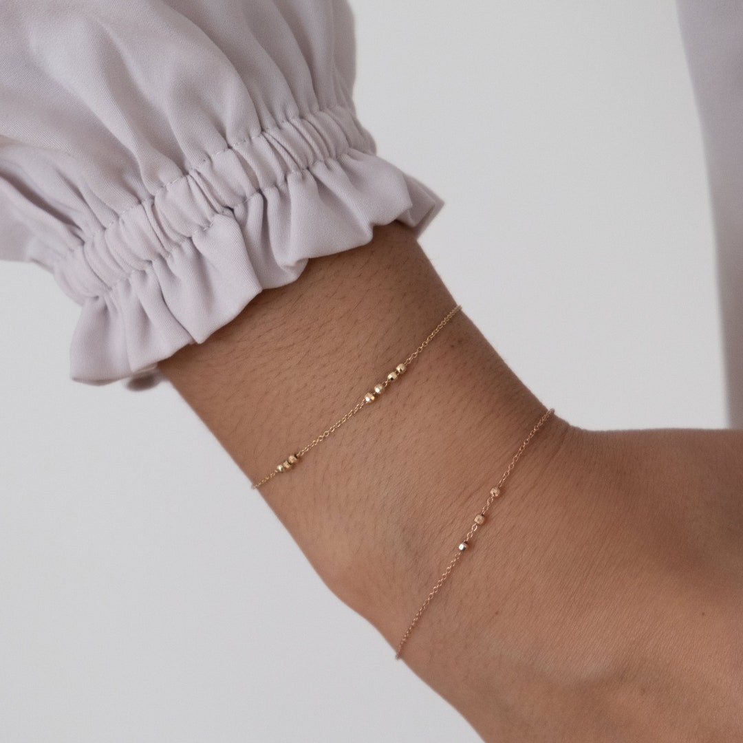 14k Solid Gold Beaded Bracelet, Delicate Bead Bracelet, Beaded Bracelet ...