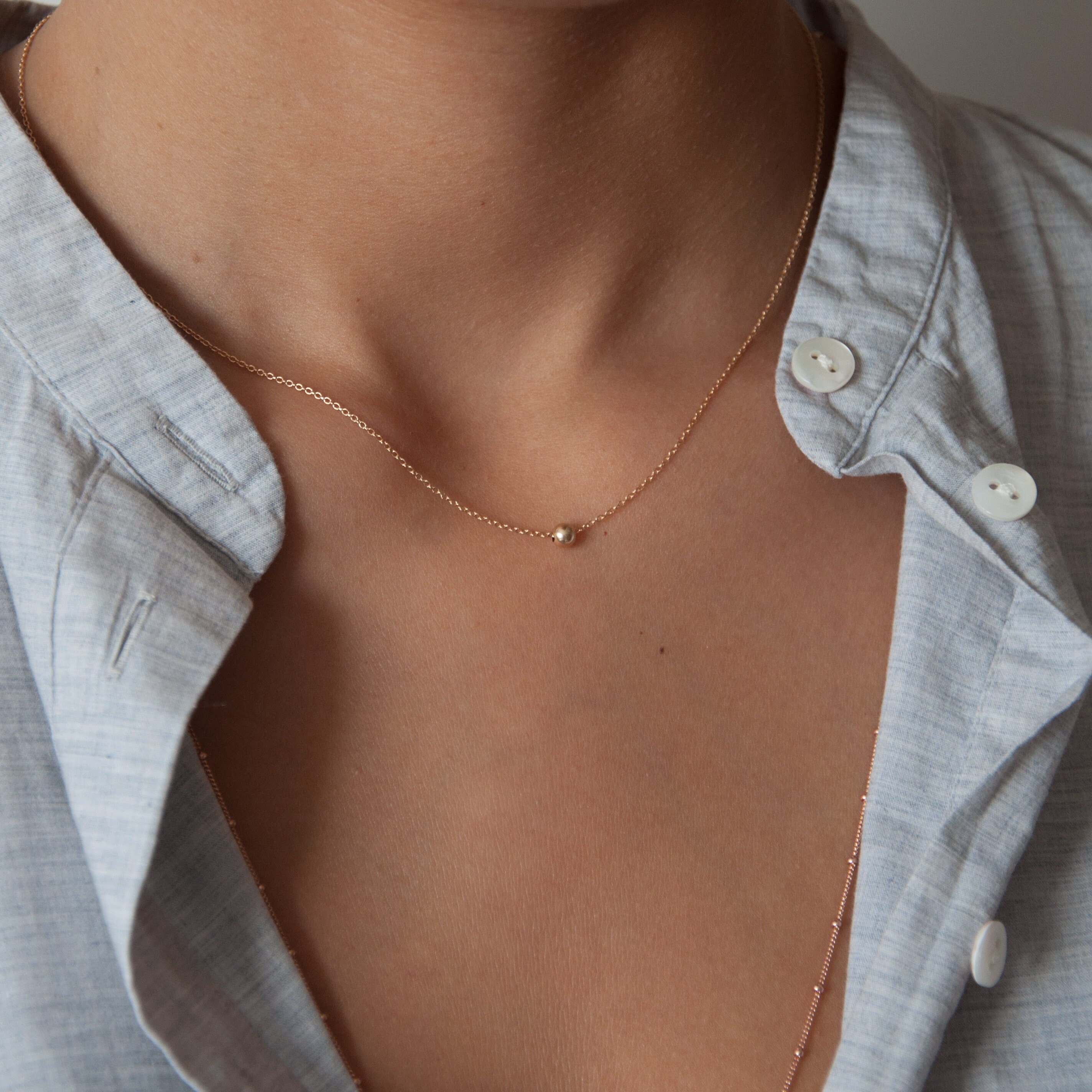 14K Gold Tiny Bead Necklace Minimalist Necklace Layering - Etsy