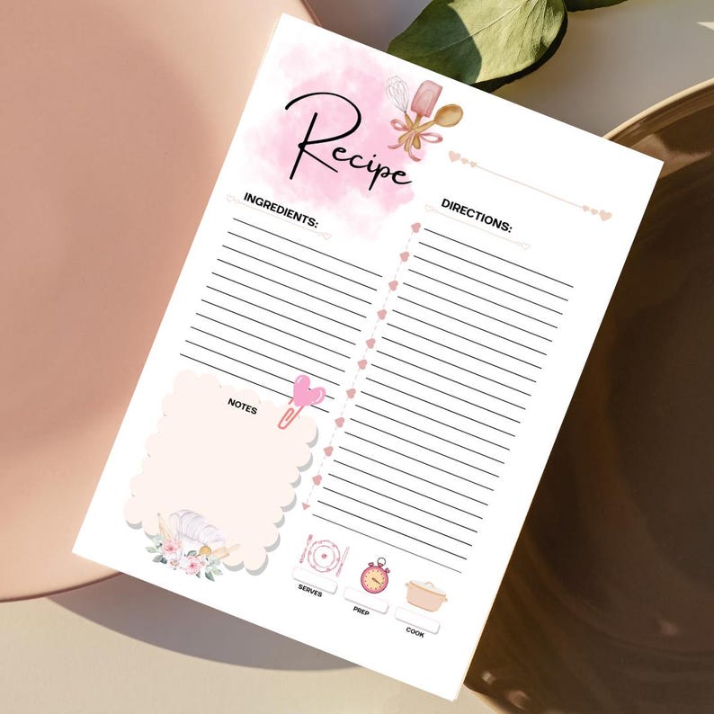 Pink Recipe Card Printable – Floral Kitchen Recipe Sheet – PNG + PDF ...