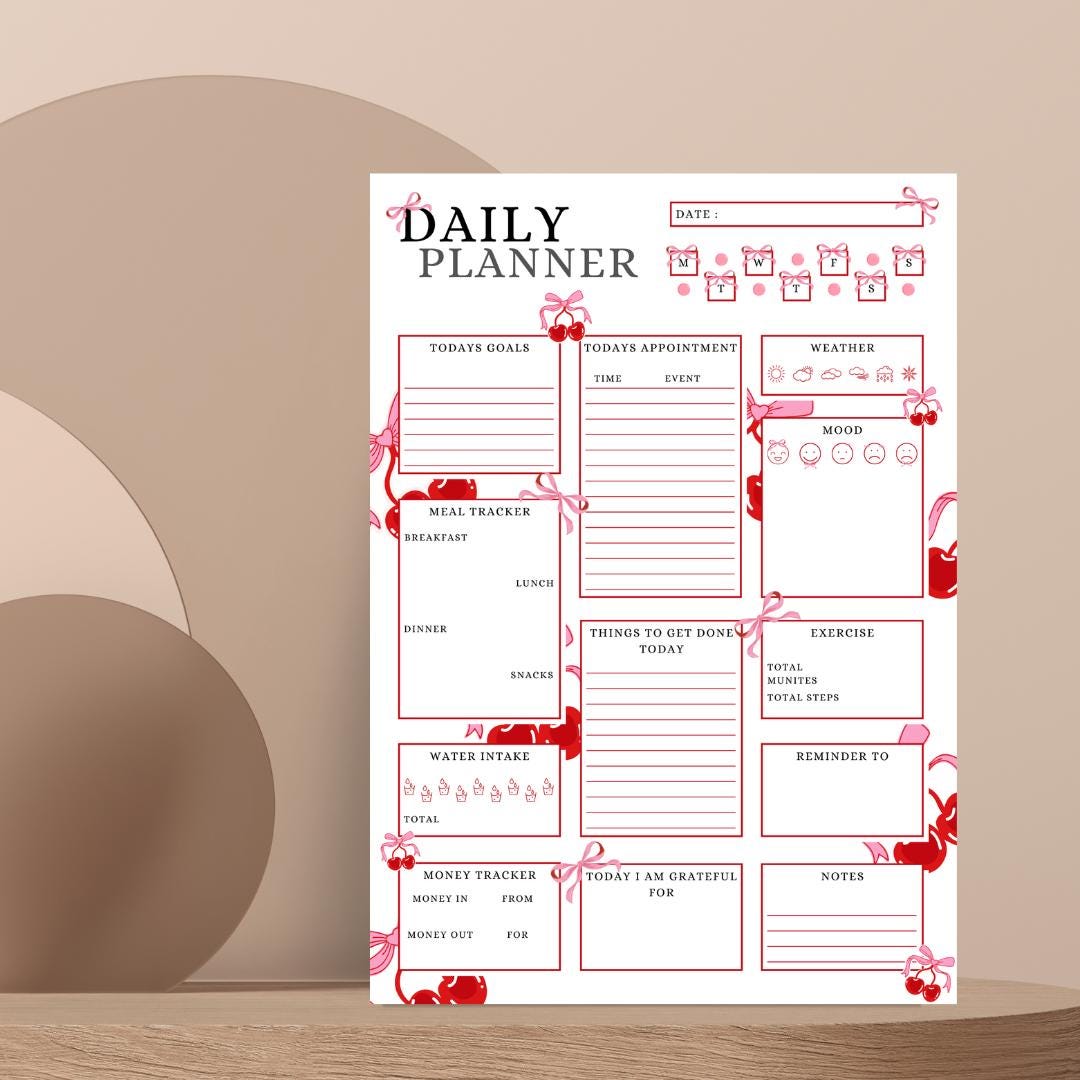 Pink Cherry Bow Daily Planner Printable | Goal Tracker (digital ...