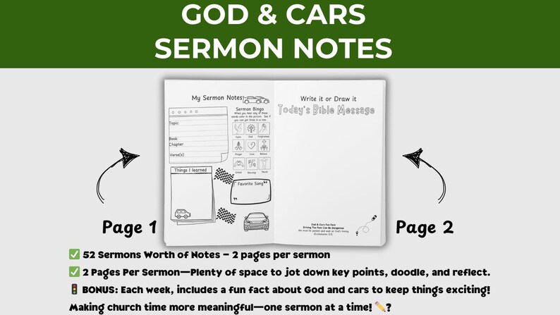 God and Cars Sermon Notebook for Kids 52-week Christian Journal Fun ...