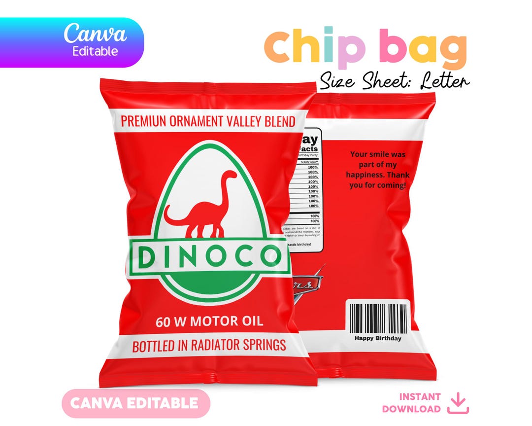 Editable Chip Bag | Canva Template | Party Favor Printable | Dinoco - Etsy