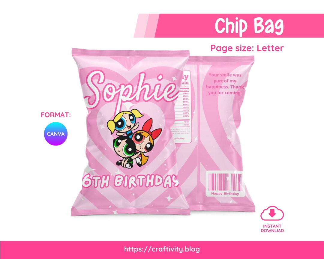 Powerpuff Girls Chip Bag Template Editable Canva | Printable Party ...