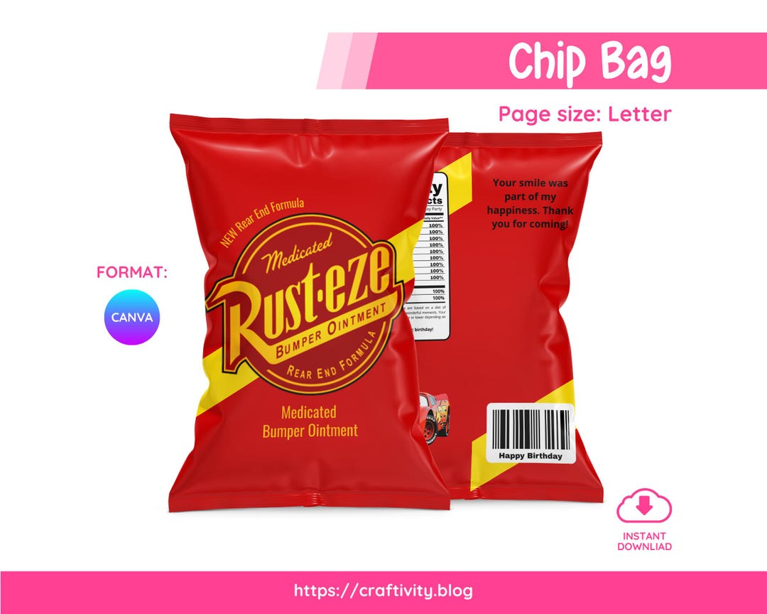 Rust-eze Chip Bag Template Editable Canva | Cars Movie Birthday Party ...