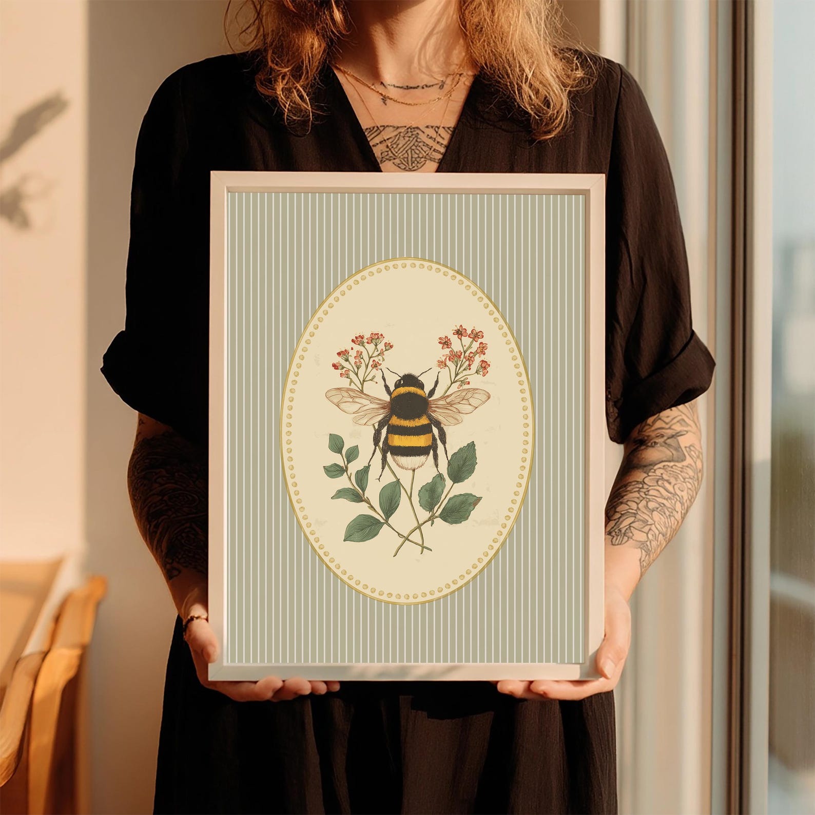 Vintage Bee Botanical Art Print: Cottagecore Wildflower Illustration ...