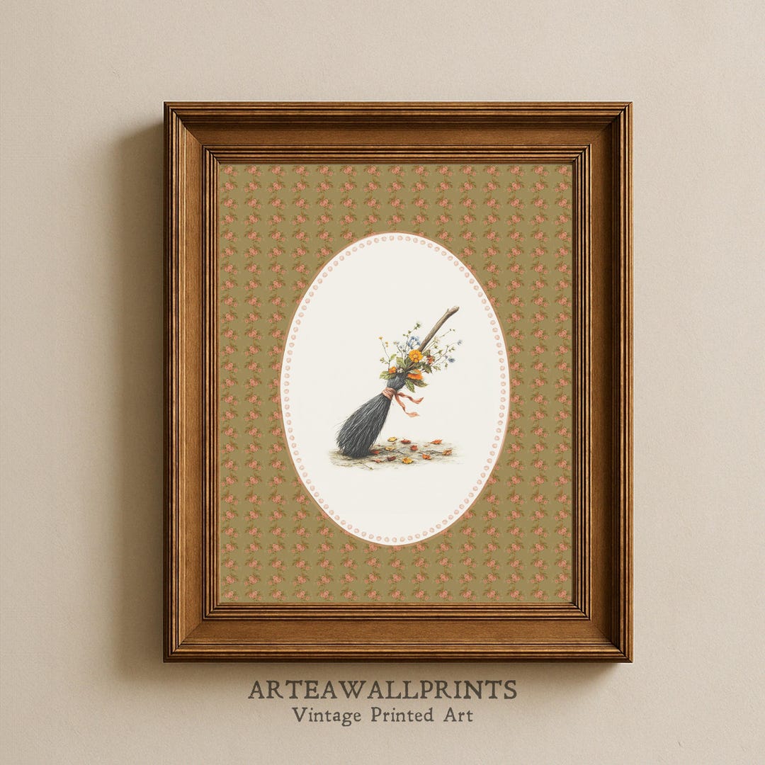Witchy Cottagecore Print Autumn Broom Art | Floral Vintage Illustration ...