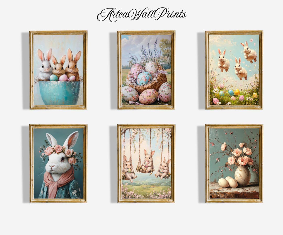 Set of 6 Vintage Easter Prints, Printable Easter Bunny Painting, Spring ...