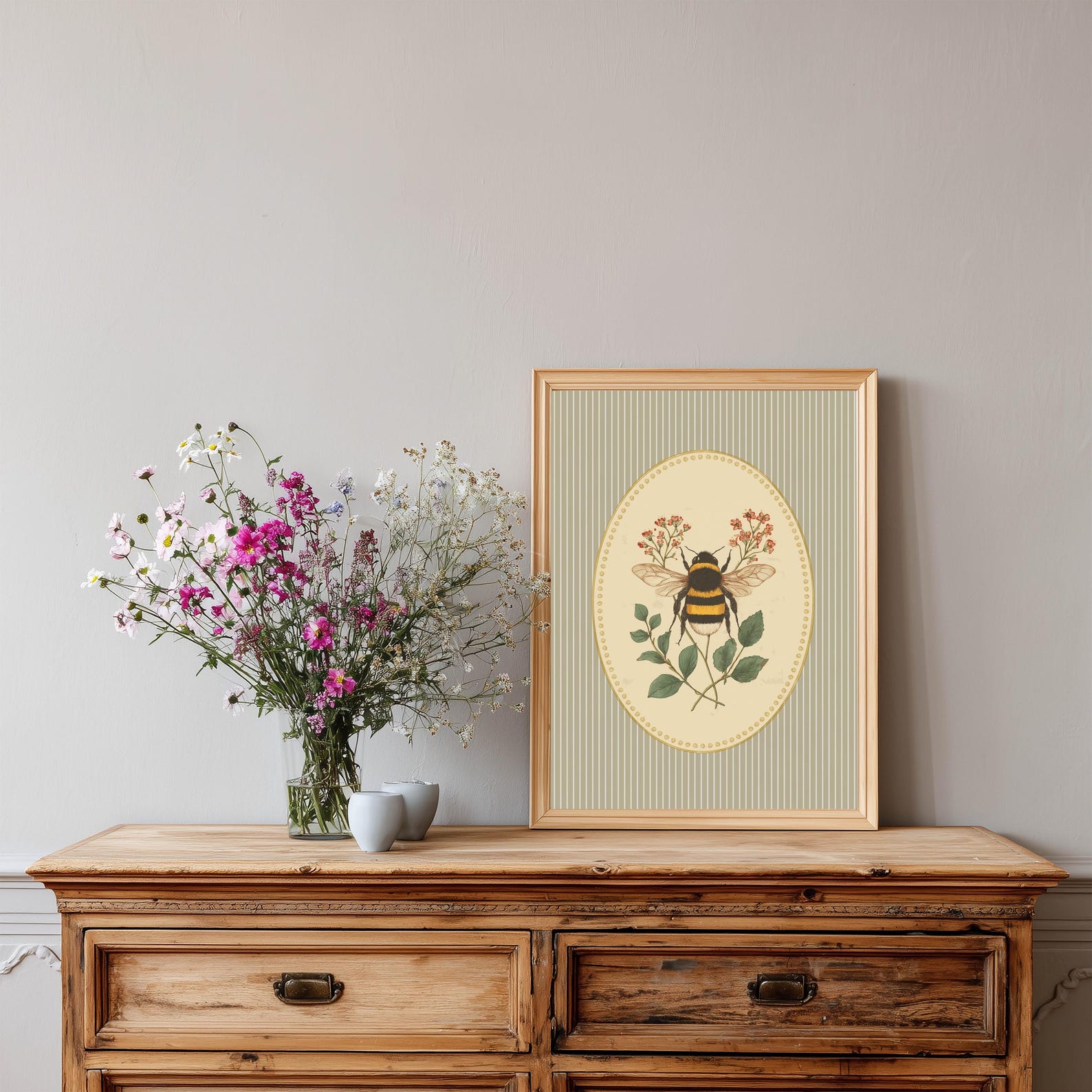 Vintage Bee Botanical Art Print: Cottagecore Wildflower Illustration ...